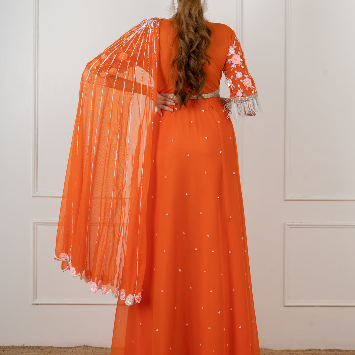 Orange Draped Handwork Saree | Designer Handcrafted Saree